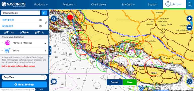 Planowanie trasy rejsu za pomocą map online Navionics - Bryg